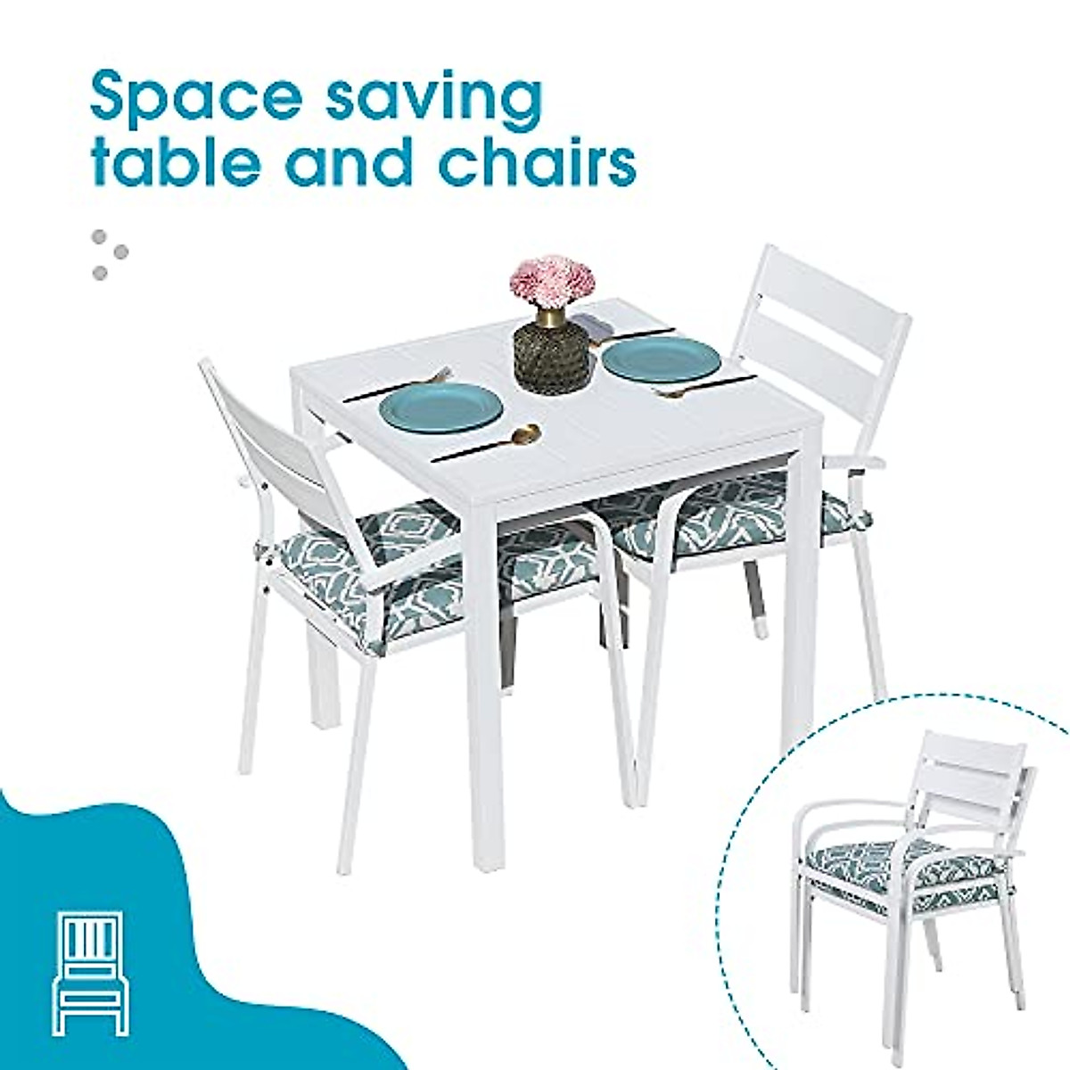 Soleil Jardin 3-Piece Outdoor Bistro Set Aluminum Patio Furniture Bistro Table Set Outdoor Dining Table and Stackable Chairs with Cushion, White Finish & Lattice Cushion