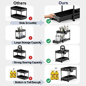 SODPE Bathroom Cabinet Organizer, 2 Tier Under Sink Organizer, Sliding Kitchen Basket Organizer Drawer, Multi-purpose Storage Shelf for Kitchen Countertop and Cabinet with Hooks, Hanging Cup, Divider