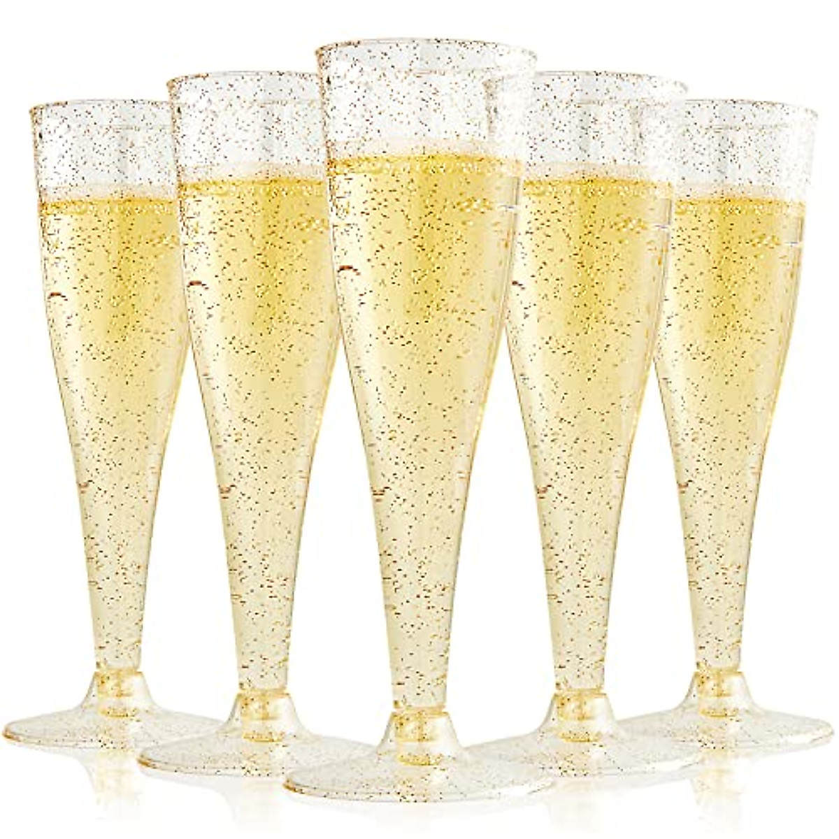 FOCUSLINE 100 Pack Plastic Champagne Flutes, 4.5 Oz Gold Glitter Plastic Champagne Glasses, Disposable Clear Toasting Glasses Recyclable Plastic Champagne Cups for Wedding Party