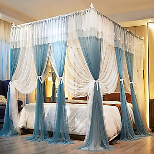 Joyreap Luxury 4 Corners Post Canopy Bed Curtains - Blue & White Cozy Drape Netting - Cute Princess Bedroom Decoration Accessories (59" W x 78" L, Full/Queen)