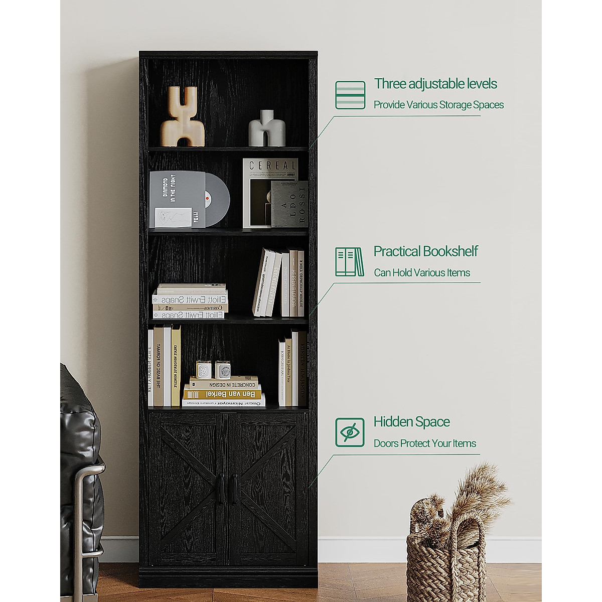 Hzuaneri 5 Tier Bookshelf Bookcase with Cabinet Doors, 70 in Tall Wooden Bookshelves, Display Storage Shelves, Floor Standing Book Shelf Furniture for Home Office, Living Room, Bedroom, Black BC20104X