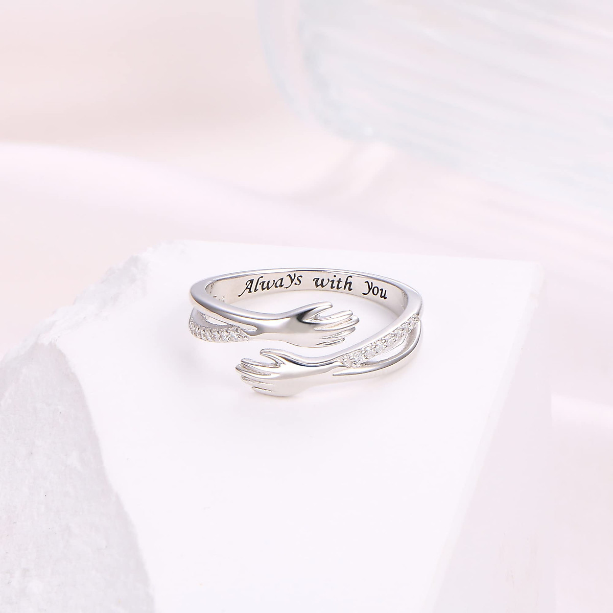 Hug Ring, S925 Sterling Silver Hugging Hands CZ Open Ring Engraved Always with You Embrace Statement Promise Anniversary Ring