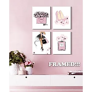 Drsoum Glam Pink Fashion Wall Decor,Woman Makeup Framed Wall Art,Hot Pink Girly Room Decor,Perfume Handbags High Heels Lipstick Wall Paintings Set of 4, 8x10 in (Framed)