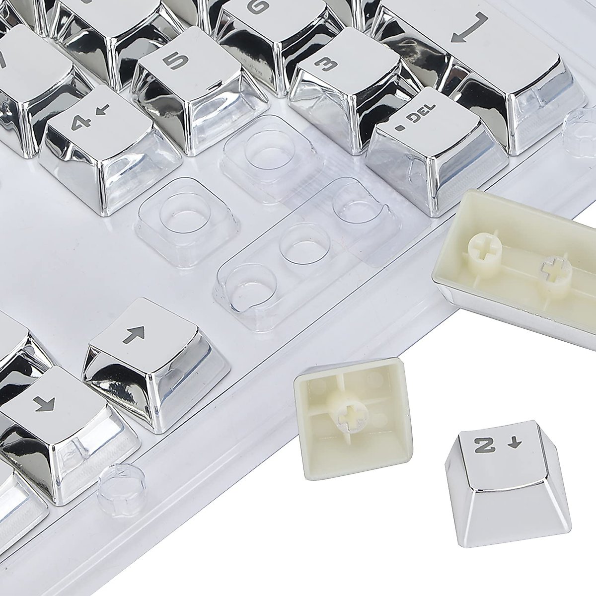 104Pcs Keycaps,DIY Personalized Design Metallic Durable Stable Two Tone Translucent Backlit Mechanical Keyboard Caps,Gaming Keyboard Replacement Parts(Silver)