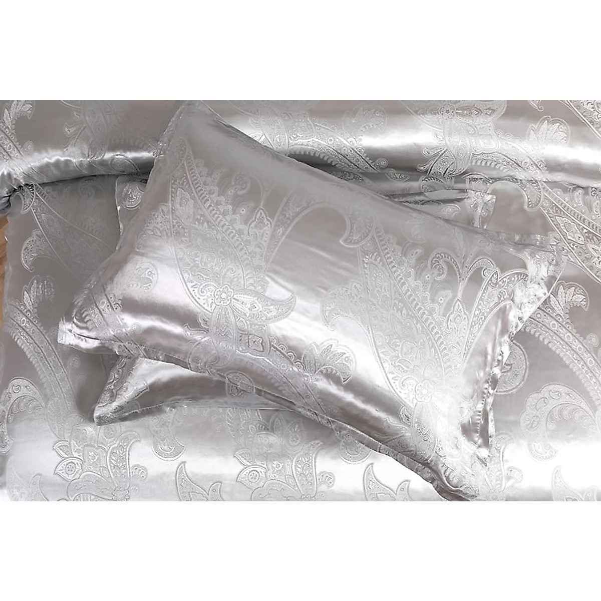 vctops Floral Jacquard Satin Duvet Cover Set King Size 3 Piece Luxury Silk Like Bedding Comforter Cover Set with Zipper Closure & Corner Ties (Silver Grey,King)