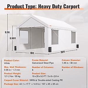 VEVOR Heavy Duty Carport, 10x20ft Car Canopy, Portable Garage with Roll-up Ventilated Windows & Removable Sidewalls, UV Resistant Waterproof All-Season Tarp for SUV, F150, Car, Truck, Boat