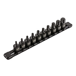 ARES 24001-10-Piece 3/8-Inch Drive Low Profile Impact Torx Bit Driver Set - Chrome-Moly Steel & Manganese Phosphate Coating - Star Bit Size Range T25-T70 - Reusable Storage Rail
