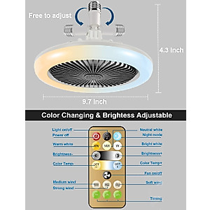 PANLAVIE Enclosed Ceiling Fan with Light and Remote, 10 Inch Screw in Fan Light Mini Bladeless Ceiling Fans, 3 Fan Speeds Dimmable 3 Light Colors for Garage Tool Room Hallway, No Wiring Required