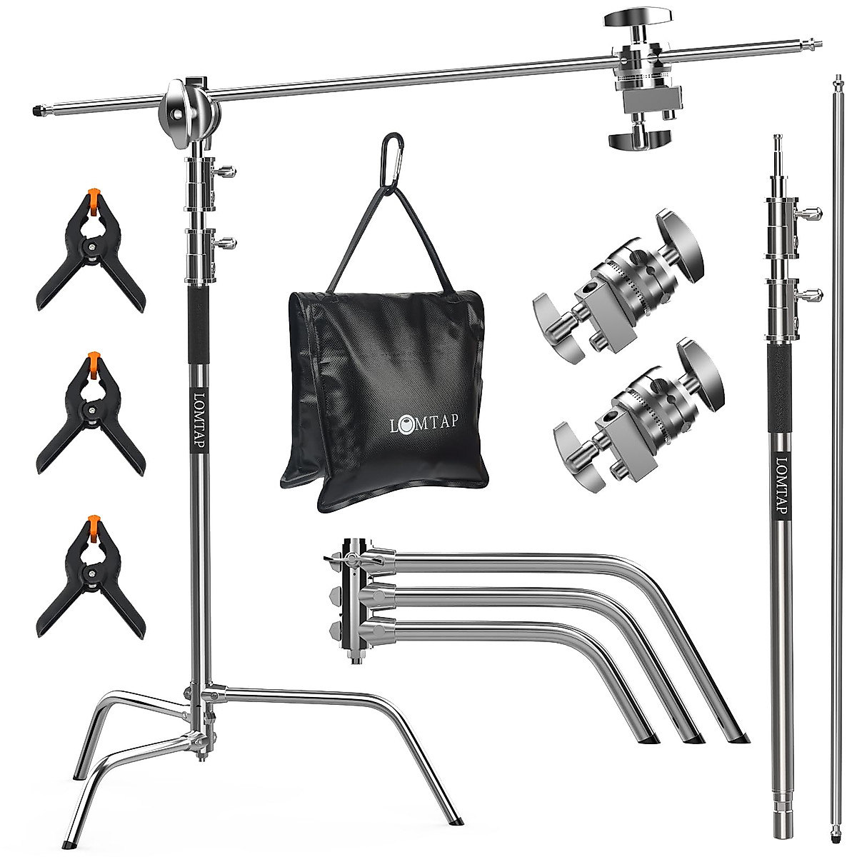 LOMTAP C Stand Light Stand Stainless Metal Photography Kit - Heavy Duty 6.8ft/210cm Vertical Pole, 2.8ft/87cm Boom Arm, Adjustable Base, Water Sandbag, 2 Grip Heads, 3 Clips for Softbox, Reflector
