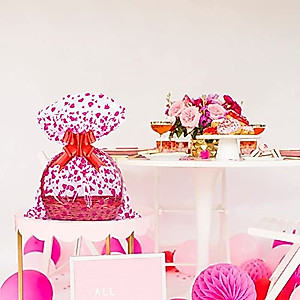 CIEOVO 20 Pieces Large Valentine Basket Bags with 20 Pieces Bows Ribbon 23 x 35 Inch Clear Valentines Day Baskets Empty Bags Heart Printed Cellophane Wrap for Gift Baskets Presents Weddings