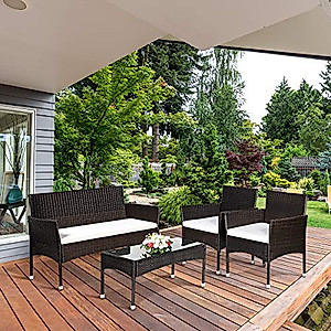 Goplus 4-Piece Rattan Patio Furniture Set, Garden Lawn Pool Backyard Outdoor Sofa Wicker Conversation Set with Glass Coffee Table, Loveseat & 2 Cushioned Chairs