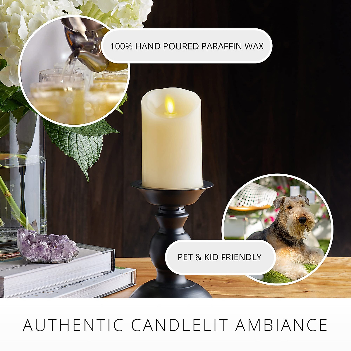 Luminara Moving Flame Pillar Flameless LED Candle, Scalloped Edge, Real Wax, Unscented - Ivory (4.5-inch)