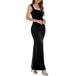 Black Dresses for Womens 2025 Summer Sexy Bodycon Maxi Cap Sleeve Tight Lounge Fitted Evening Party Wedding Guest Long Formal Dress S