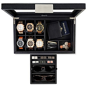 Glenor Co Valet Jewelry Box for Men - Holds 6 Watches, 12 cufflinks, 2 Sunglasses & Tray Storage - Mens Watch Case - CarbonFiber Organizer w Metal Accents, PU Leather & Large Glass Lid - Black