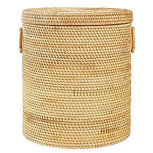 LALASUN Rattan Laundry Hamper With Lid, Round Wicker Large Hampers For Laundry With Liner Bag and Handles for Organizing Clothes Kids Toys Books (15.7" L×15.7"W×17.3"H）