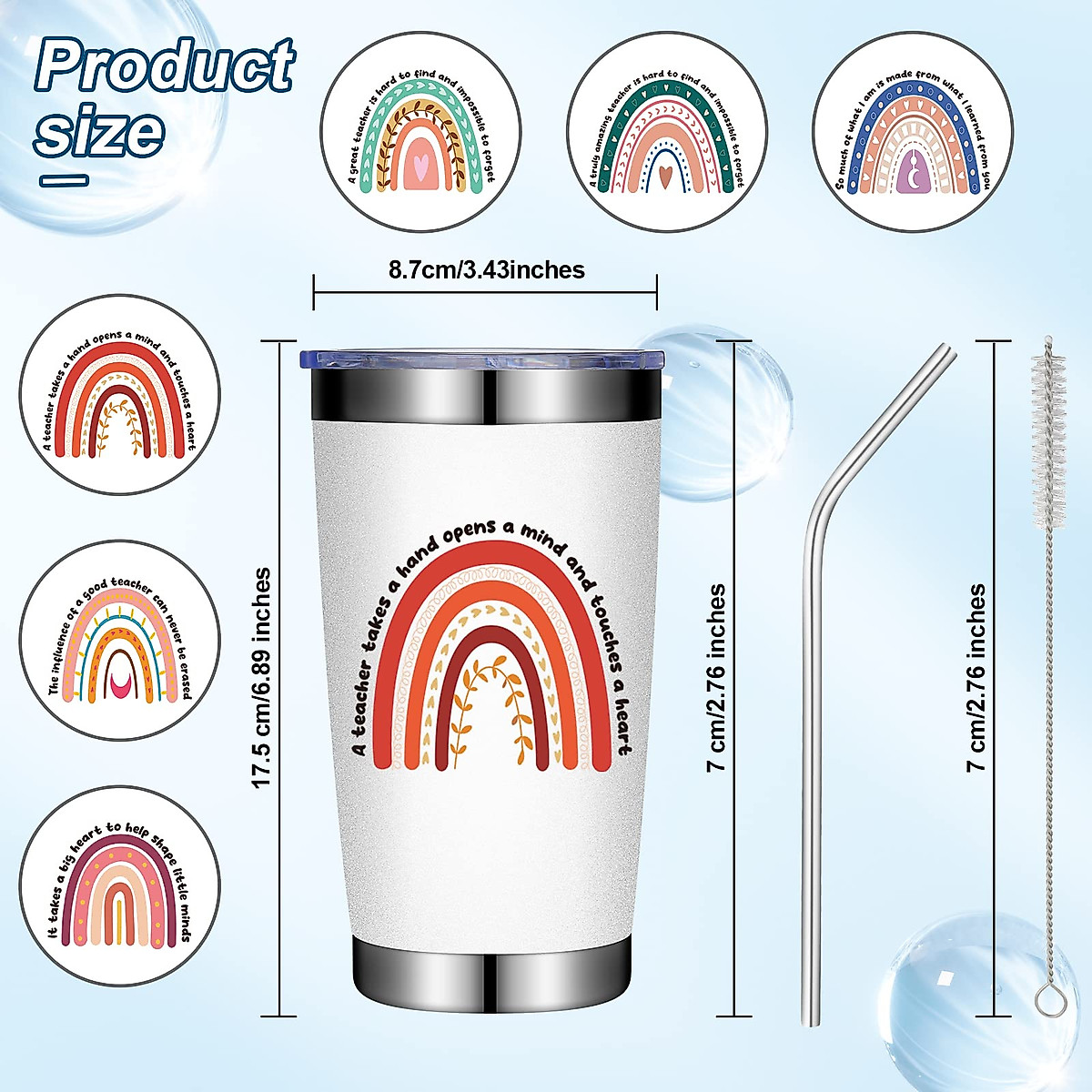 Hoolerry 6 Pcs Teacher Appreciation Gifts Teacher Gifts Bulk 20oz Rainbow Stainless Steel Tumblers with Lids, Straws and Brushes for Graduation Teacher Appreciation Birthday Gifts Supplies