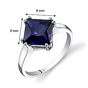 PEORA Created Blue Sapphire Solitaire Ring for Women 14K White Gold, 3.25 Carats Princess Cut 8mm, Size 7