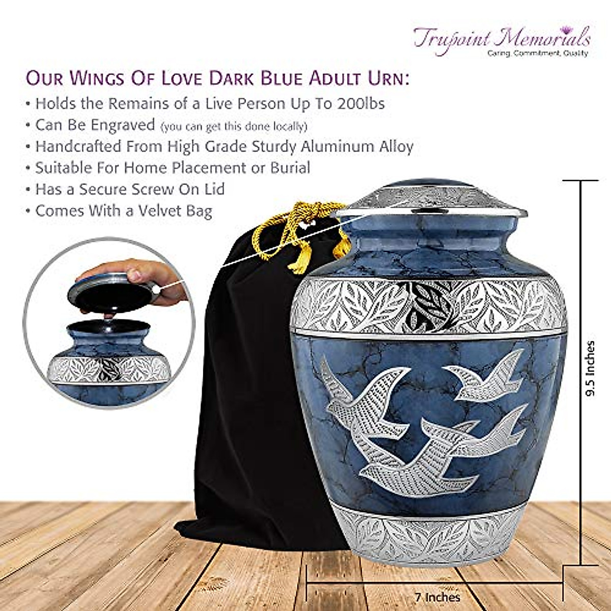 Trupoint Memorials Cremation Urns for Human Ashes - Decorative Urns, Urns for Human Ashes Female & Male, Urns for Ashes Adult Female, Funeral Urns - Dark Blue, Large