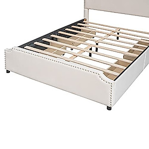 Wooden Queen Bed Frame Upholstered Platform Bed with Stud Trim Headboard and Footboard and 4 Drawers No Box Spring Needed, Velvet Fabric, Queen Size (Beige)