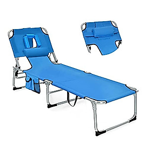 Goplus Tanning Chair, Folding Beach Lounge Chair with Face &Arm Hole, 5-Position Adjustable,Removable Pillow,Side Pocket, Sunbathing Chair, Portable Outdoor Lounge Chair for Patio Pool Lawn (1, Navy)