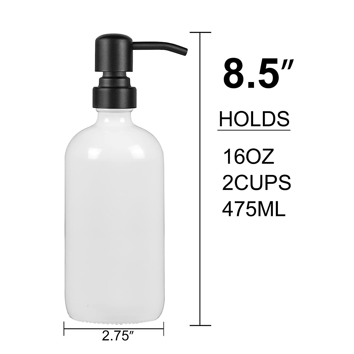 CHBJDAN 2 Pcs Thick White Glass Pint Jar Hand Soap Dispenser Bathroom with Matte Black Stainless Steel Pump, 16oz White Colored Boston Round Bottles Dispenser with Rustproof Pump for Ktichen Dish