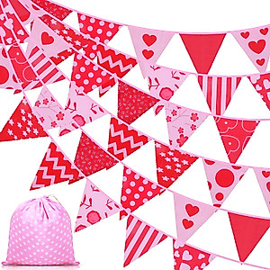 40 Feet Fabric Pennants Bunting Banner Triangle Flag Garland Vintage Bunting 42 Pieces Floral Triangle Flags Cloth Garland for Birthday Parties Valentine Decoration (Red Hearts)