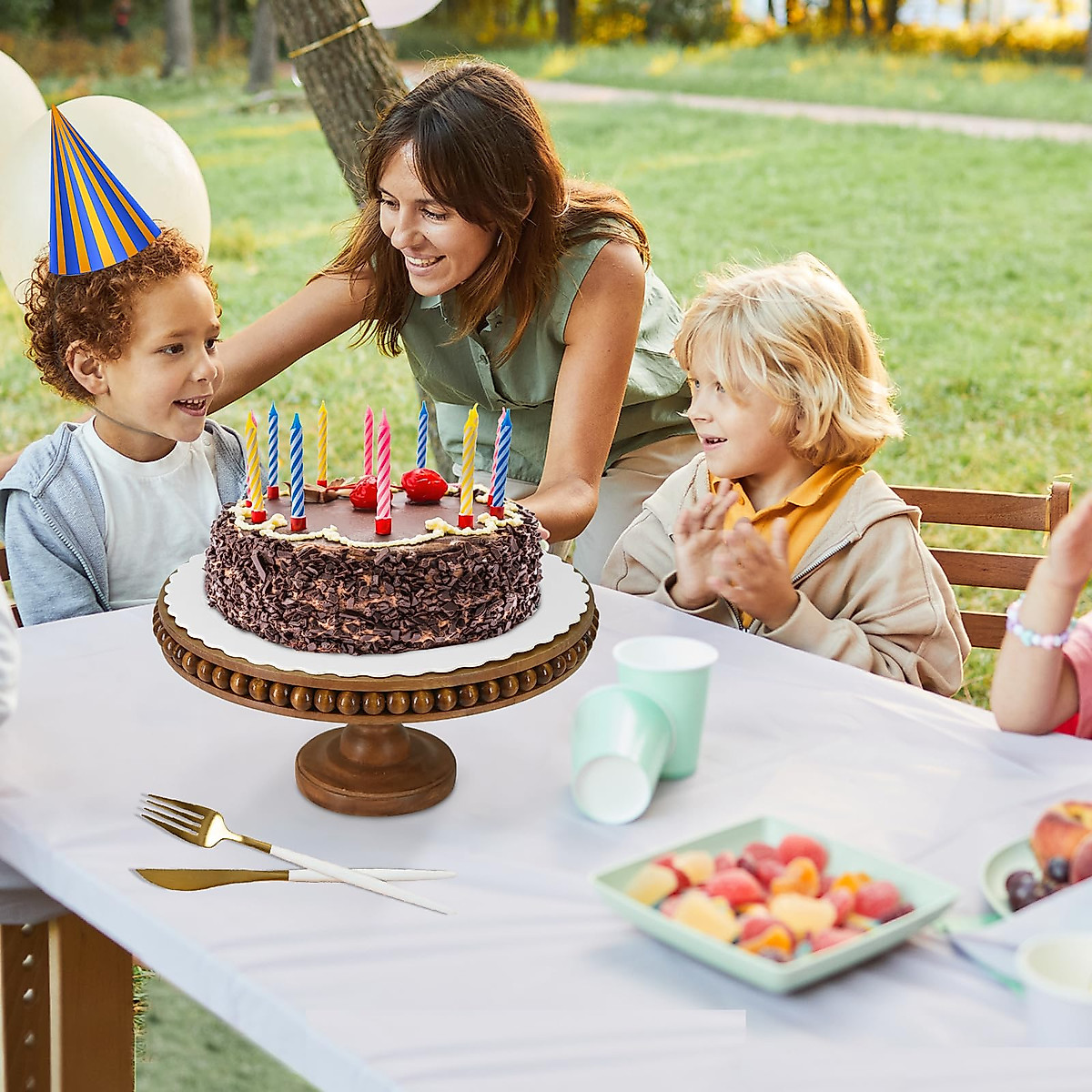 Ameuphercy Round Wooden Cake Stand with Disposable Cake Board, 9.9 in Diameter, 5 in Height, Brown