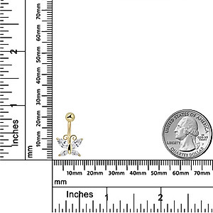 AVORA 10K Yellow Gold Simulated Diamond CZ Dangling Fancy Butterfly Belly Button Ring Body Jewelry (14 Gauge)
