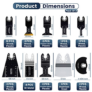 Oscillating Saw Blades | Pack of 31PCS | Multi Tool Blades Kit for Wood, Plastic, Metal and Steel | Quick Release Multitools Blades | Fit for Worx, Rockwell, Milwaukee, Bosch, Craftsman, Ryobi, Ridgid