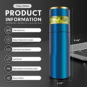 Tea Infuser Bottle - Coffee thermos - Smart Sports Water Bottle with LED Temperature Display,Double Wall Vacuum Insulated Water Bottle - Travel Tea Mug with Stainless Steel Filter (Blue)
