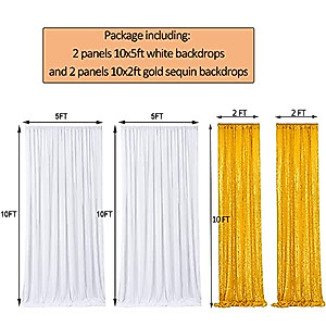10x10 ft White Backdrop Curtains and 10x4 ft Gold Sequin Backdrop Curtains for Parties, Wrinkle Free Backdrop Drapes for Wedding Birthday Party Photography Background, 4 Panels