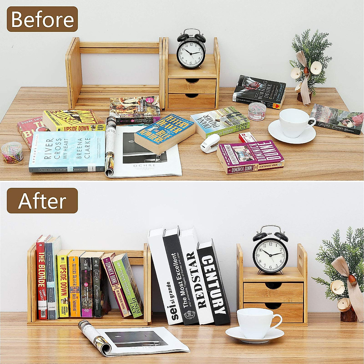 WELLAND Expandable Desktop Bookshelf Bamboo Desk Organizer with 2 Storage Drawers for Office and Home