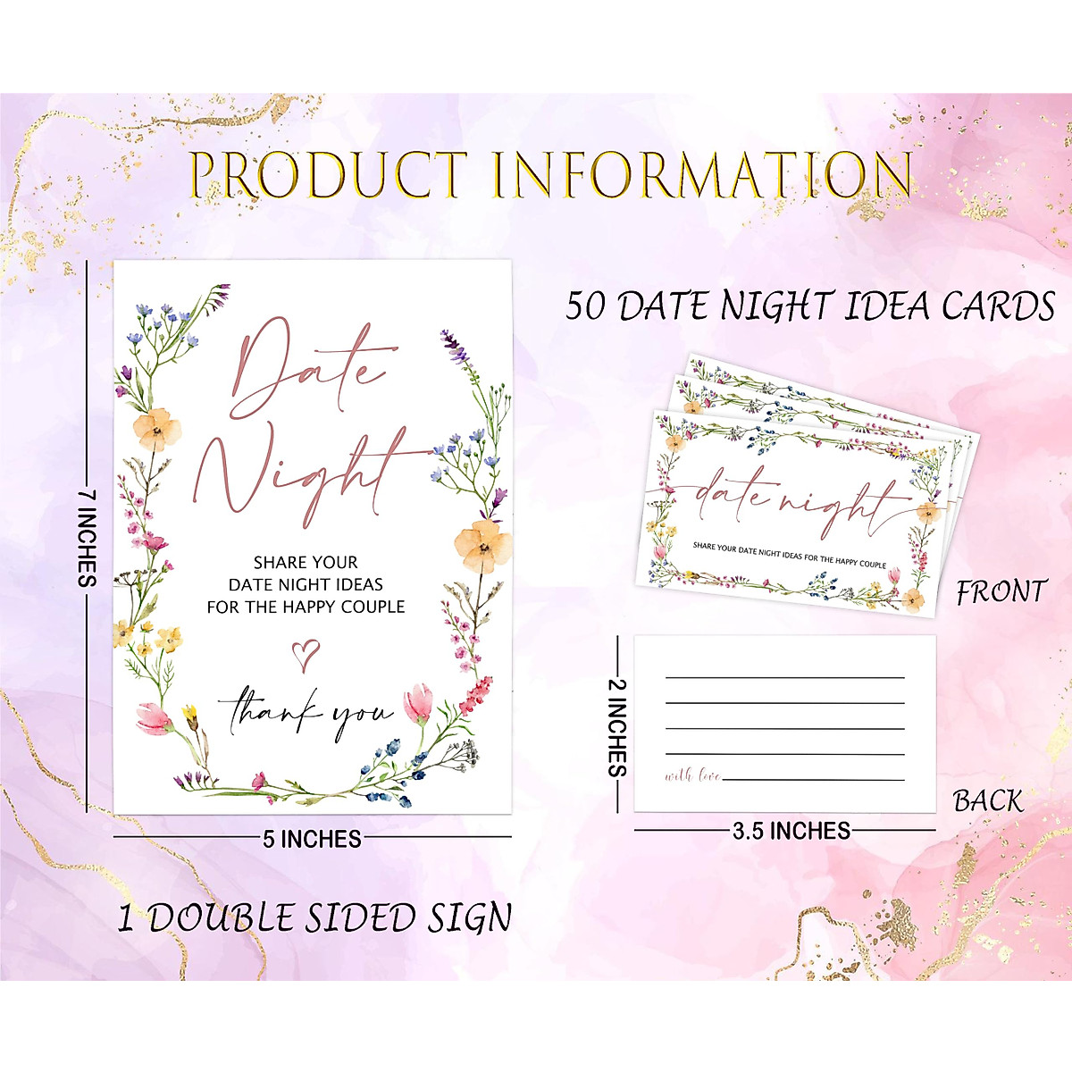 Wildflowers Date Night Game, Date Night Ideas Sign with 50 Cards, Bridal Shower Game, Boho Bridal Shower Decorations, Wedding Date Night Advice - 07