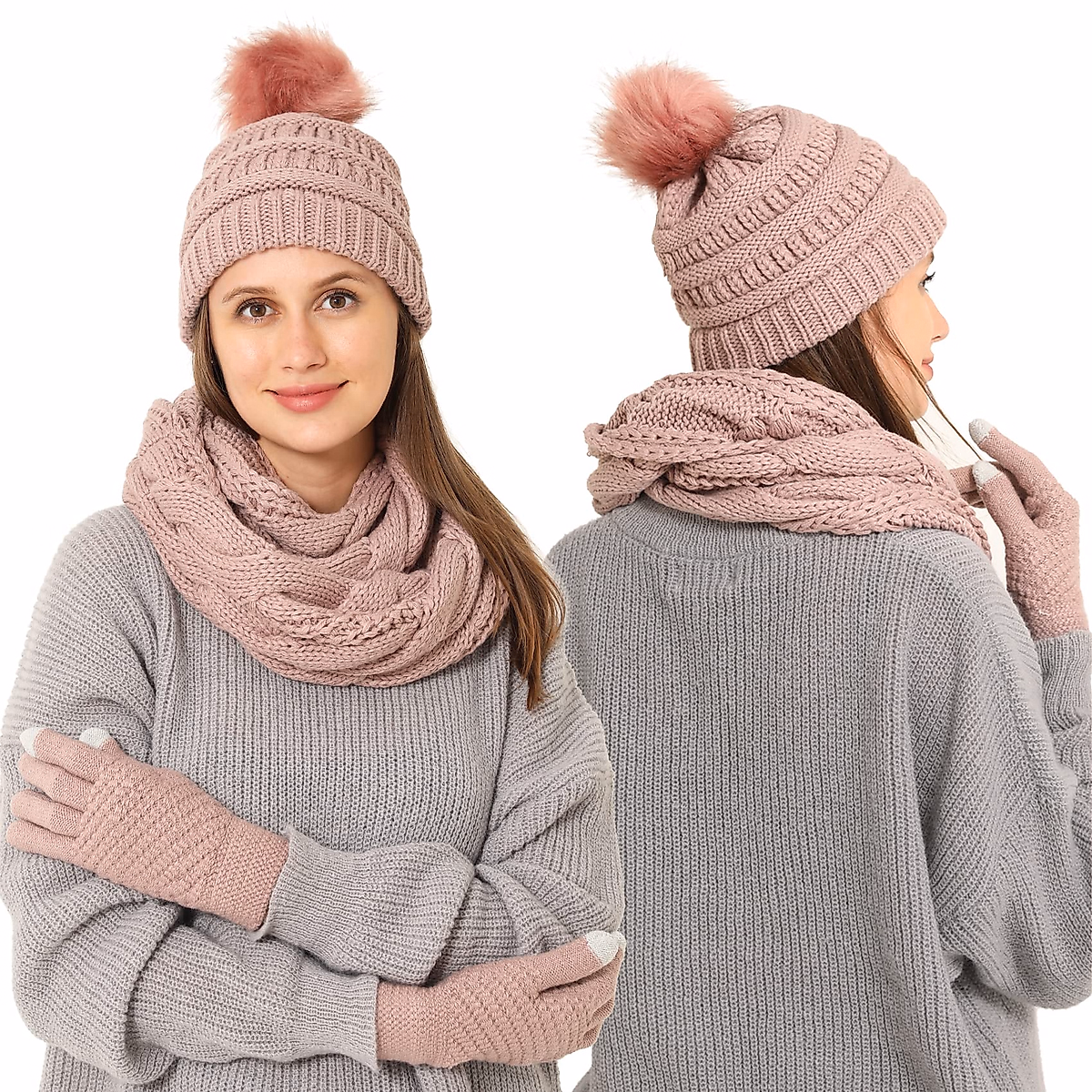 Double Couple 3pcs Winter Beanie Hat Scarf and Touch Screen Gloves Set for Women Knit Hat with Faux Fur Ball Scarves Glove Pink