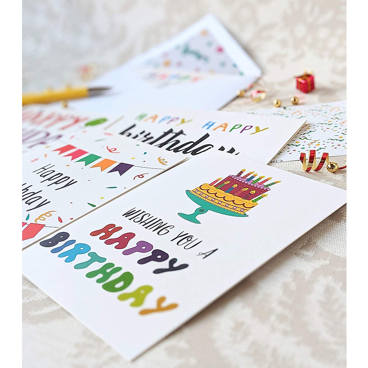 100 Happy Birthday Cards Bulk, Large 5x7 Inch Assorted, with Envelopes ,Stickers and Simple Greetings Inside , 10 Unique Designs, Thick Card Stock Box Set