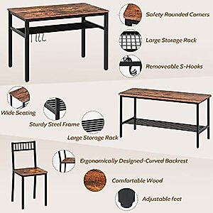 Bigbiglife Dining Table Set for 4, Kitchen Table with 2 Chairs and 1 Bench, Dining Table Set with 2 Storage Racks and 4 S-Hooks, Industrial Design for Small Space Home Kitchen, Rustic Brown