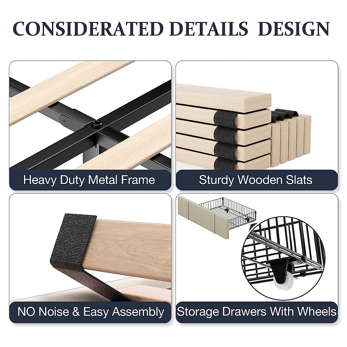 Queen Size Bed Frame with Storage, Queen Bed Frame with Headboard Adjustable, Upholstered Platform Bed Frame with Drawers, Mattress Foundation with Wooden Slats Support, No Box Spring Needed, Beige