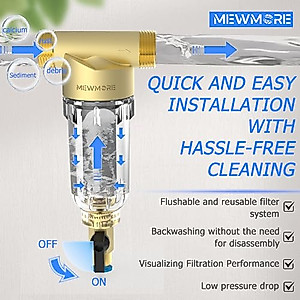 MewMore WHC40 Sediment Filter, 40 & 100 & 200 Micron Reusable Spin Down Sediment Water Filter, Whole House Water Filter for Well Water, Home Pre-filtration System, 1" MNPT + 3/4" FNPT + 3/4"MNPT