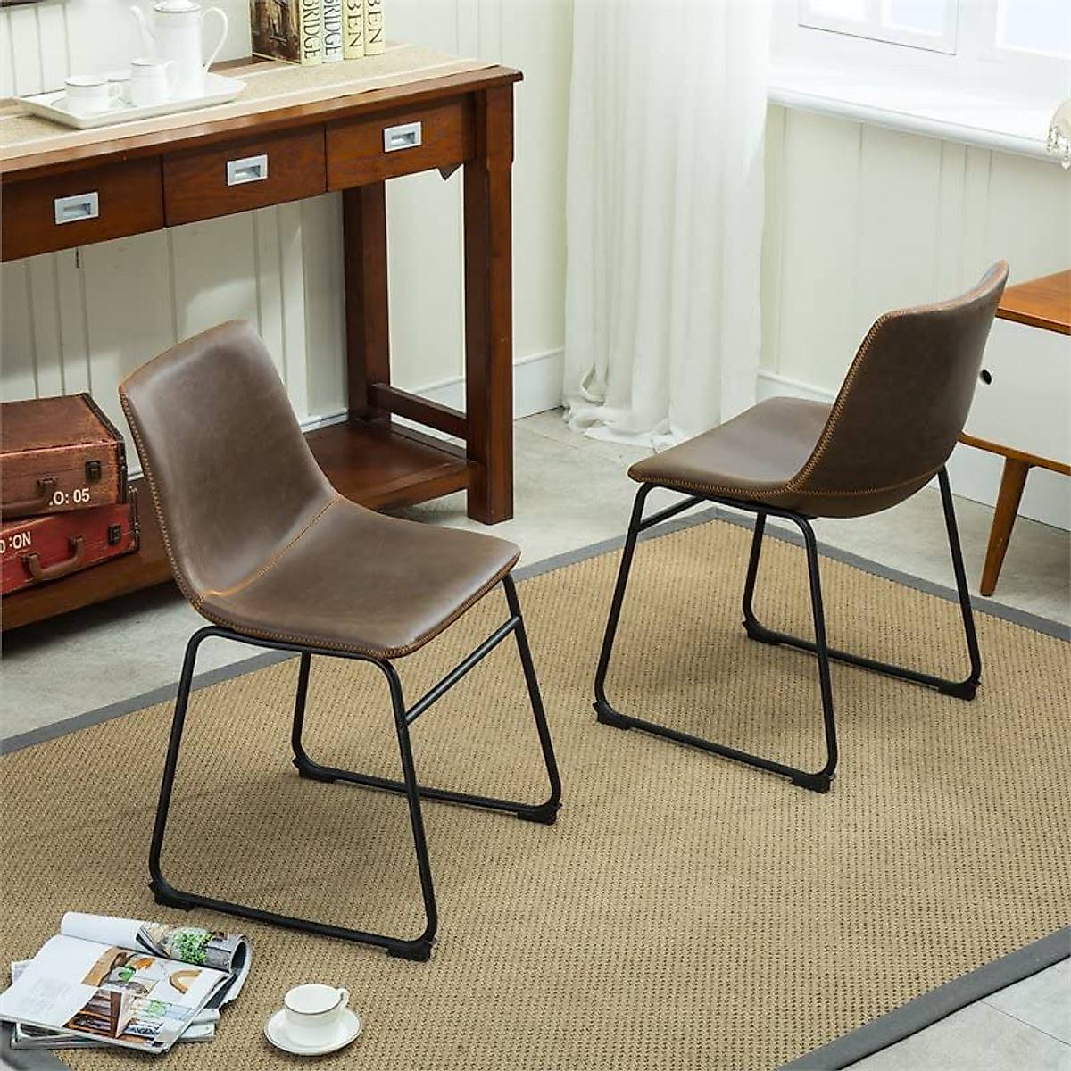 Roundhill Furniture Lotusville PU Leather Dining Chairs, Set of 2, Brown