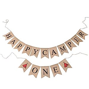 Amosfun One Happy Camper Burlap Banner Camping Party Decoration Happy Camper Birthday Decorations Retirement Birthday Camper Yard Decoration