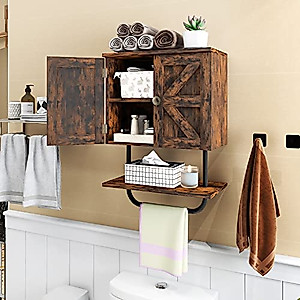 LOKO Bathroom Wall Cabinet, Space Saver Medicine Cabinet with 2 Doors, Storage Shelves & Towel Bar, Wall Mounted Towel Cabinet for Bathroom, Kitchen, Entryway (Rustic Brown)