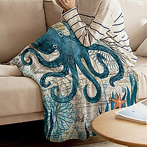 Octopus Plush Throw Bed Blanket for Kids Adults Kraken Mediterranean Style Coastal Theme Super Soft Cozy Luxurious Blanket Lightweight Fleece Blankets for Couch Bed Sofa Warm All Season 40×50inch