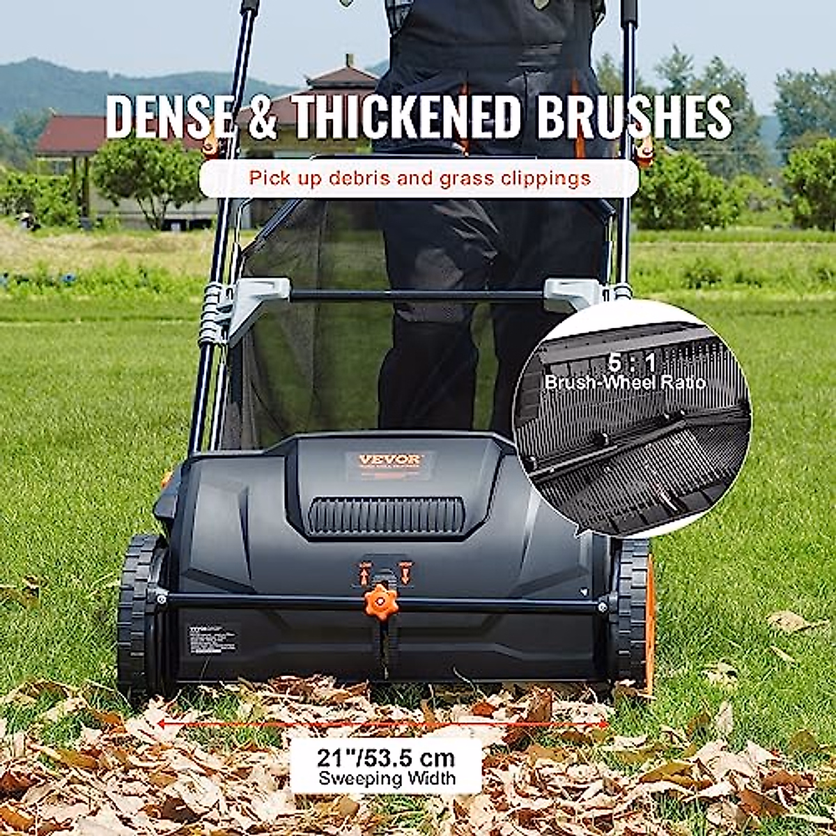 VEVOR Push Lawn Sweeper, 21-inch Leaf & Grass Collector, Strong Rubber Wheels & Heavy Duty Thickened Steel Durable to Use with Large Capacity 3.5 cu. ft. Mesh Collection Hopper Bag, 2 Spinning Brushes