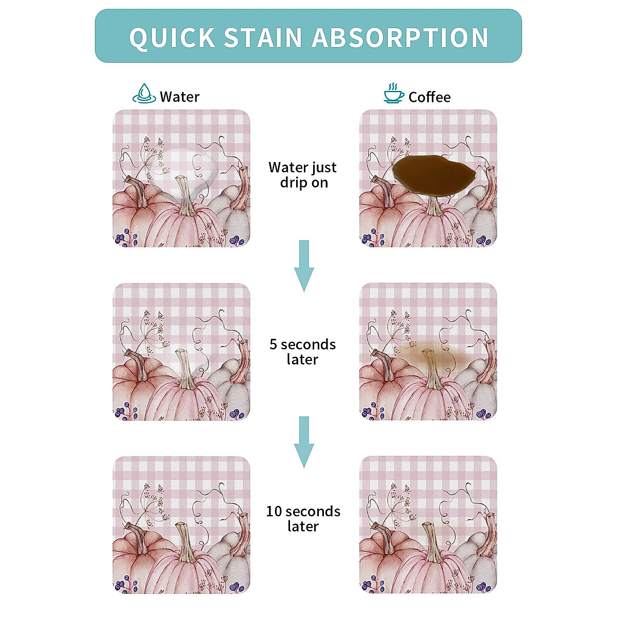 Coffee Mat for Counter, Hello Autumn Thanksgiving Pumpkins Pink Plaid Absorbent Hide Stain Coffee Bar Mat, Non-slip Coffee Bar Accessories Kitchen Drying Mat Fit Under Coffee Maker Espresso Machine