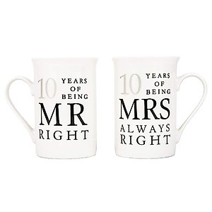 Haysoms Ivory 10th Anniversary Mr Right & Mrs Always Right Ceramic Mugs Gift Set Thoughtful and Unique Gift Idea Dishwasher and Microwave Safe