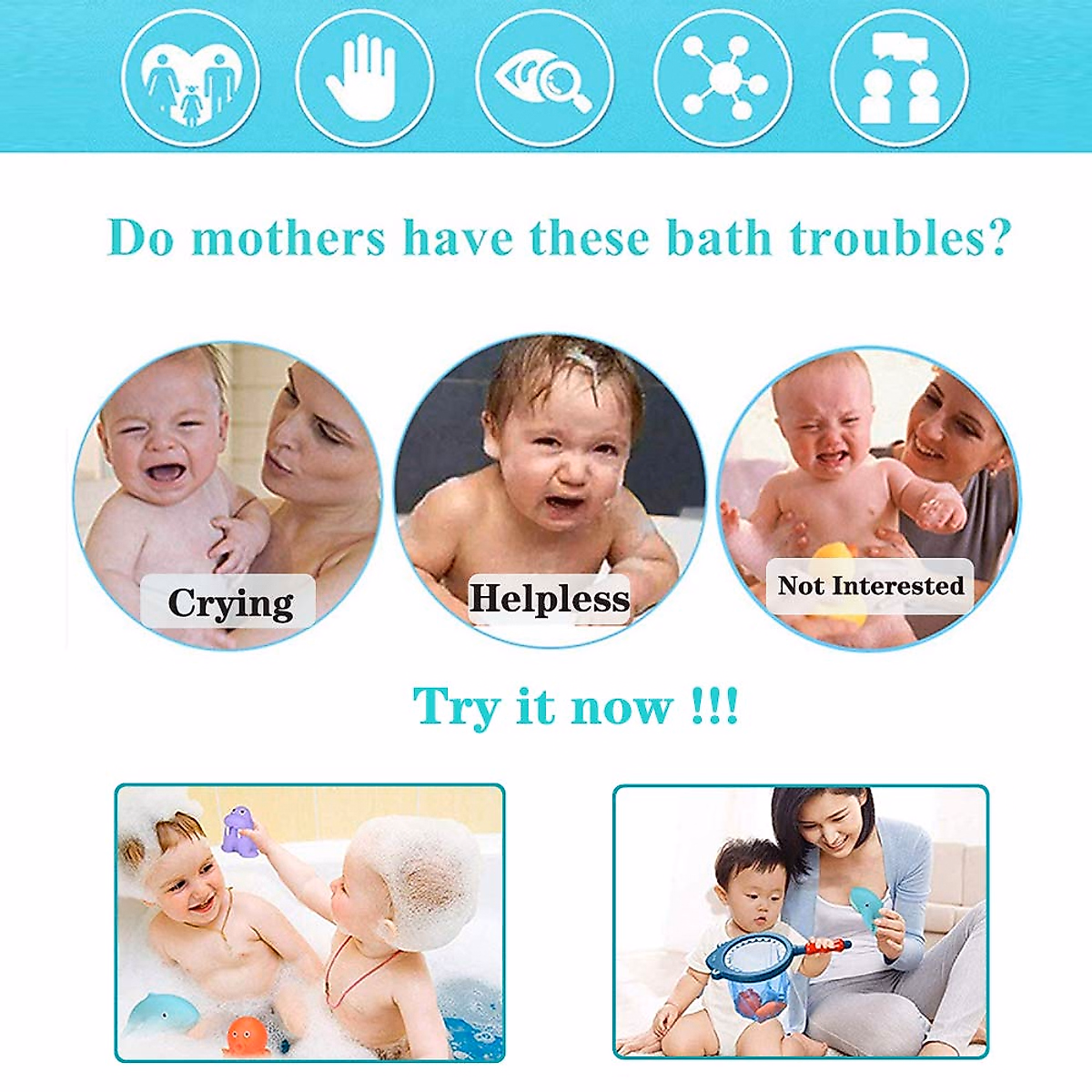 Bath Toy , Fishing Floating Animals Squirts Toys Games Playing Set with Fishing net , Fish Net Game in Bathtub Bathroom Pool for Babies Toddlers and Kids (Dark Blue)