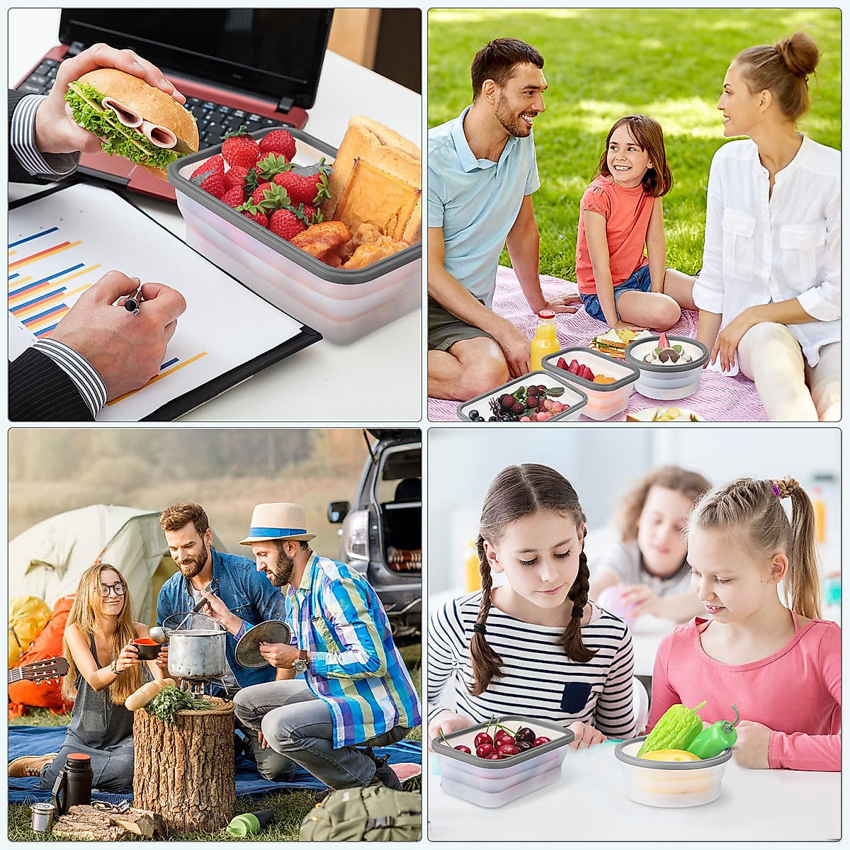 Dandat 12 Silicone Collapsible Food Storage Containers Foldable Silicone Lunch Container 6 Rectangle and 6 Round Airtight Collapsible Bowl with Lid Set for Kitchen Microwave (Translucence Gray)