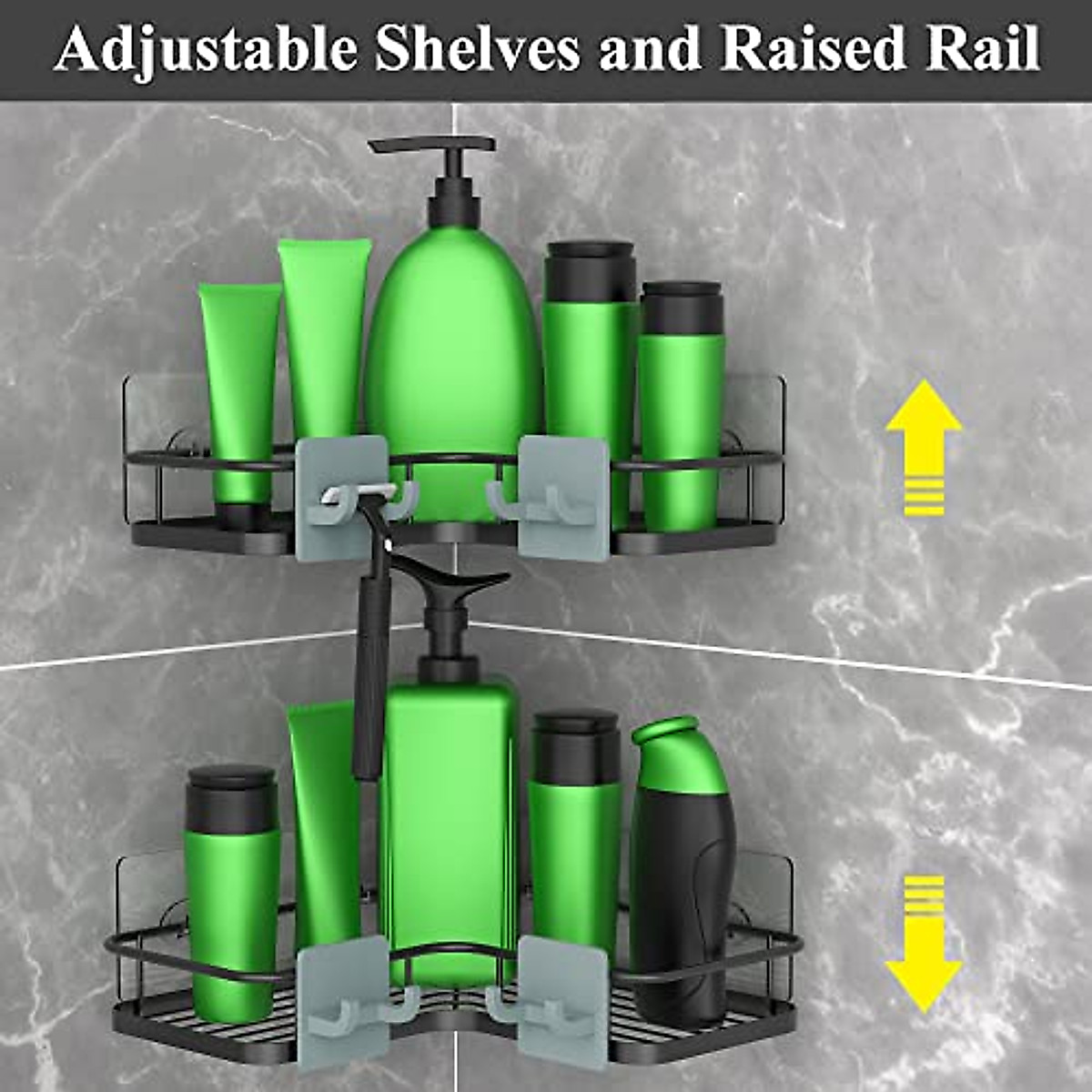 Zaspaver Black Corner Shower Caddy Organizer Shelf Shelves Basket with Hooks, Bathroom Adhesive Shampoo Holder 5 Pack, Drill Free No Rust