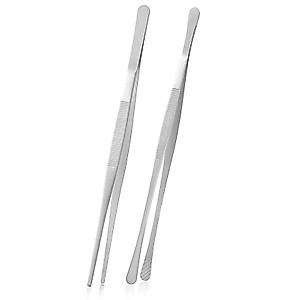 HALO FORGE 2 Pcs Kitchen Fine Tweezers Tongs - 12 Inch Stainless Steel Food Tweezers Set, Professional Extra-Long Chef Cooking Tweezers for BBQ Bar Meat (Silver)