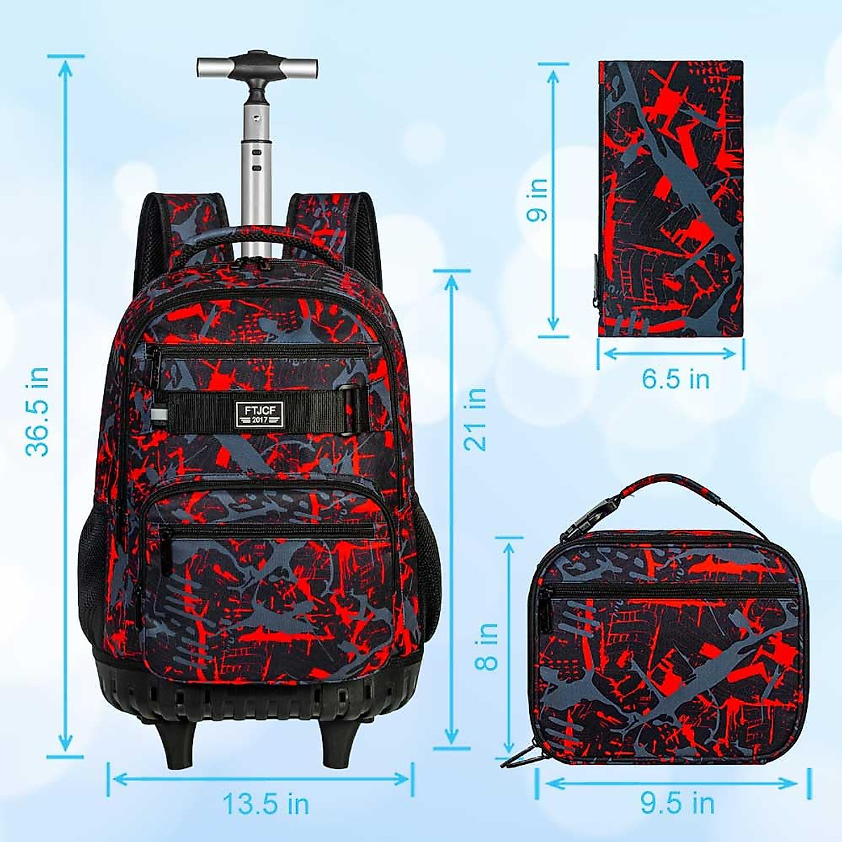 FTJCF 3PCS Rolling Backpack for Boys, 19 Inche Adults Roller Bag with Wheels, Graffiti Wheeled Bookbag Set for Men(Red)